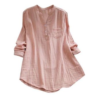 Generic Chemise Lin Femme Manche Longue- Blouse Col Mao,Tee Shirt Long Couleur Pure Casual Haut Col V avec Boutons Poche Grande Taille Douces Tops Confortable