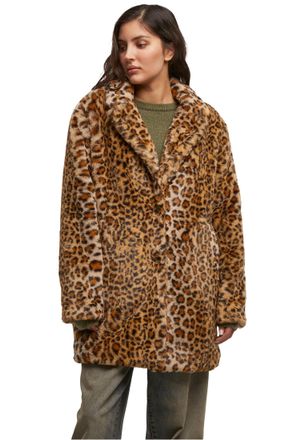 Urban Classics Damen Mantel Ladies Oversized Faux Fur Leo Coat, Kunstfell Mantel mit Leopardenmuster, Felljacke für Herbst & Winter, Größen XS - XL