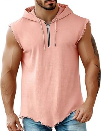 Generic Gilet &agrave; capuche avec fermeture &eacute;clair 1/4 pour homme, gilet sans manches en coton et lin, gilet &agrave; capuche pour sports de plein air, gilet l&eacute;ger et ten