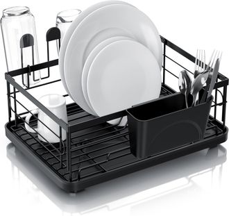 Arendo Abtropfgestell Geschirr - Geschirrst&auml;nder gro&szlig; - mit 4 Fach Glashalter - Abtropfschale mit 360&deg; Ablauf - Besteckhalter - f&uuml;r Teller Schalen Tassen T&ouml;p