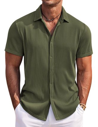 Coofandy Herren Hemd Kurzarm Regular Fit Sommerhemd Freizeithemden B&uuml;gelfrei Button Down Casual Strand Hemden Shirt Armeegr&uuml;n XXL