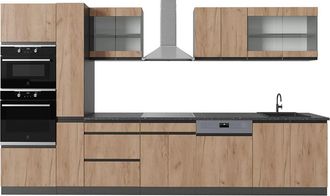 Vicco Küchenzeile R-Line, Goldkraft Eiche/Anthrazit, 350 cm J-Shape, mit Hochschrank, ohne Arbeitsplatte