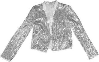 Allegra K Veste Courte &agrave; Paillettes Femme Blazer &agrave; Paillettes Scintillantes &agrave; Manches Longues et Devant Ouvert Blazer &agrave; Sequins Costume de No&euml;l Argent XL