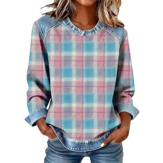 Generic Sweat-shirt en denim patchwork surdimensionn&eacute; &agrave; col ras du cou pour femme, pull vintage Y2K, streetwear, printemps, sortie, chemises en jean &agrave; manches