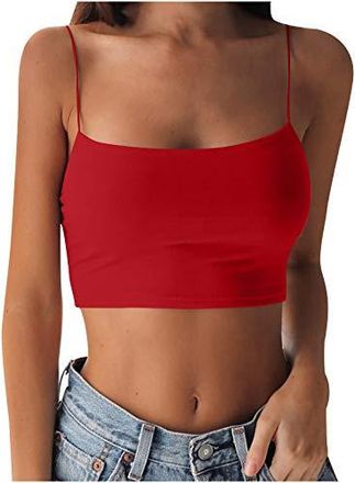 Generic Haut court spaghetti pour femme - Haut court spaghetti pour femme - Haut court Y2K d&eacute;contract&eacute; - D&eacute;bardeur soutien-gorge int&eacute;gr&eacute; grandes tailles - D&eacute;b
