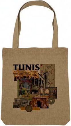 Fabulous Sac Shopping Tote Bag Aspect Lin - Tunis Vintage Collage Tunisie Voyage Vintage - Sac de Courses Toile Epaisse 360g Beige Naturel Cabas Port&eacute; Epaule S