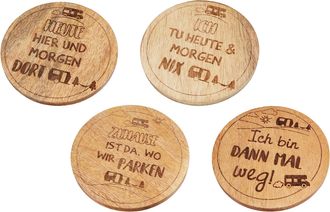 Gilde Gilde - 50586 - Untersetzer, rund, Holz, 4er Set mit Spr&uuml;chen, Camping, 10cm x 10cm x 0,5cm, braun, Bedruckt