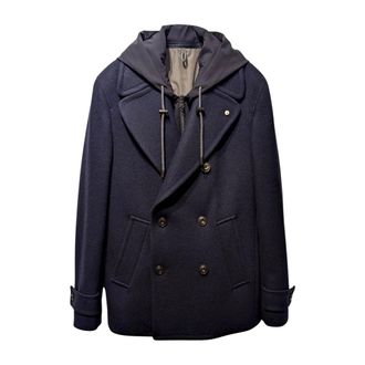 L.B.M. 1911 Zweireihiger Cabanmantel mit abnehmbarer Kapuze - - Coats - Herren - Blau - L