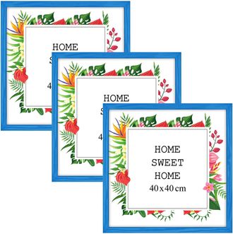 MG Design Set aus 3 Blau Bilderrahmen 40 x 40 cm - Aus echtem Holz mit Acrylglas, zum Aufhängen & Aufstellen, für Fotos, Poster & Puzzle