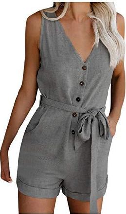 Generic Combinaison d&eacute;t&eacute; courte pour femme - Col en V - Sans manches - Boutons - Avec poches et ceinture - Combishort fille - Taille haute - Couleur unie - St