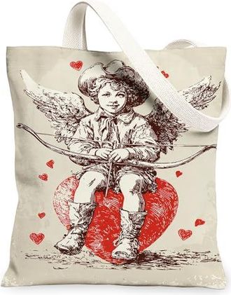 Generic Sacs fourre-tout en toile ch&eacute;rubin, sacs &agrave; provisions r&eacute;utilisables classiques avec imprim&eacute; coeur, bandouli&egrave;re lavable l&eacute;g&egrave;re Ca, beige, 13x15 Inch