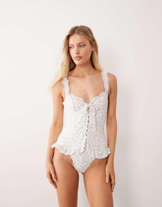 For Love & Lemons Daisy - Badeanzug in Creme mit Vintage-Blumenmuster und R&uuml;schendetail-Wei&szlig;