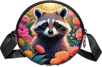 Generic Petit sac &agrave; bandouli&egrave;re circulaire pour femme, motif raton laveur avec fermeture &eacute;clair, bretelles r&eacute;glables, sac &agrave; main rond d&eacute;contract&eacute; pour femmes 