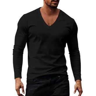Generic DENGJIAMY T-shirts &agrave; col en V profond pour hommes tendance solide &agrave; manches longues classique basique uni hauts d&eacute;contract&eacute;s printemps v&ecirc;tements tenda