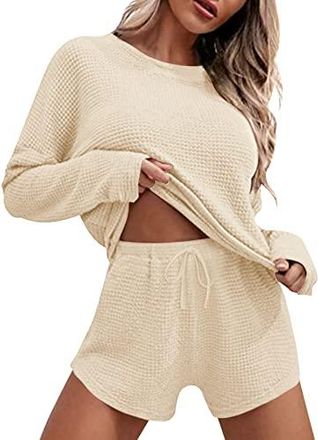 Generic Ensemble de pyjama pour femme en tricot gaufré, haut à manches longues et short, ensemble de détente assorti, vêtements de nuit grande taille, ensembl