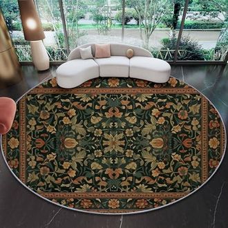 Generic Tapis Rond à Motif Gothique William Morris Floral, Vert foncé Tapis Rond Lavable et Antidérapant, 140 cm Moquette Doux à Imprimé pour Cuisine Entrée S