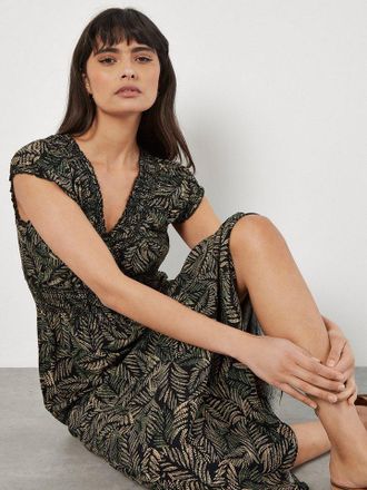 Apricot Maxikleid Sommerkleid mit Smockdetails und Batik-Bl&auml;tter Druck