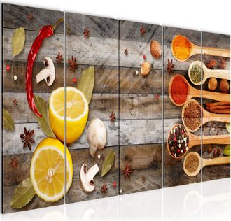Runa Art Wandbild XXL Küche Gewürze Esszimmer Küchenbilder 200 x 80 cm Braun 5 Teilig - Made in Germany - 019655b