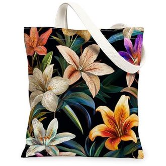 Generic Sac fourre-tout en toile de fleurs de lys printaniers 33 x 38,1 cm, sac d&eacute;picerie r&eacute;utilisable vintage r&eacute;tro pour femme, peinture esth&eacute;tique, d&eacute;corati