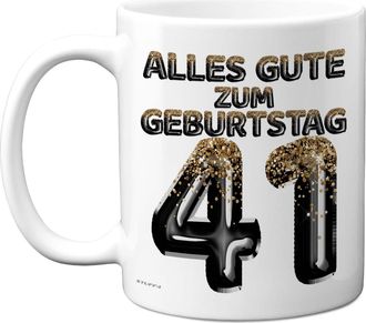 Stuff4 41. Geburtstagsgeschenke - Schwarz Gold Glitzerballons Tasse - Geburtstag Tasse für Männer und Frauen, 325 ml Premium-Keramiktasse, Spülmaschinenfest