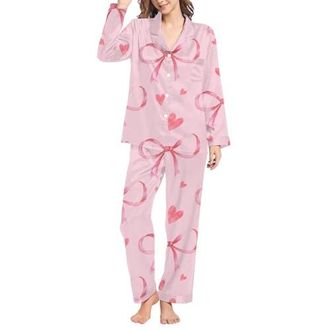 Generic Pyjama &agrave; manches longues en soie pour femme avec noeud imprim&eacute; 2026, rose, XXL