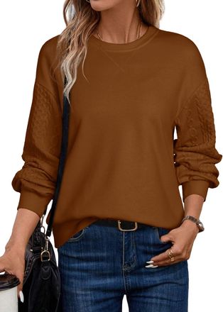 Dokotoo Sweatshirt Damen Pullover Elegant Rundhals Raglan Langarmshirt Basic Herbst Winter Oberteile Shirts Pulli Baumwolle Sweatshirts ohne Kapuze, braun, 2X