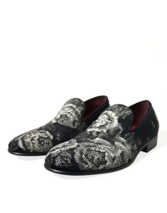 Dolce & Gabbana Black Floral Slippers Men Loafers Dress Shoes Velvet