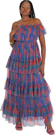 Anaya with Love Damen Womens Maxi Ladies Off Shoulder Bardot Neckline Tiered Ruffle Tulle Tropical Floral Print Wedding Guest Prom Dress, Cobalt Blue, 40 EU