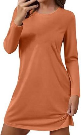 Generic Chemise de nuit en coton &agrave; manches longues pour femme, chemise de nuit courte en coton &agrave; col rond, v&ecirc;tements de nuit amples confortables, v&ecirc;tements de