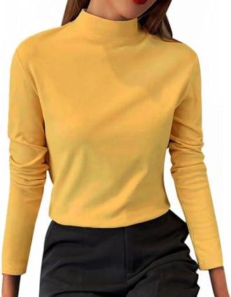 Minetom Femme sous-v&ecirc;tement Thermique T-Shirt Casual Uni Manches Longues Automne Hiver Chaud Shirts Hauts Tops B Jaune XS