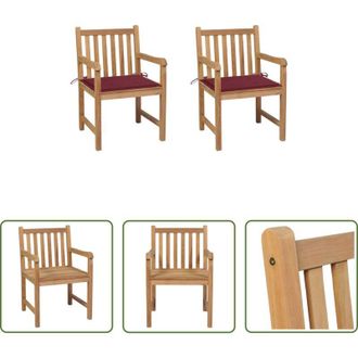 vidaXL vidaXL Gartenm&ouml;bel - Gartenst&uuml;hle 2 Stk. mit Weinroten Kissen Massivholz Teak