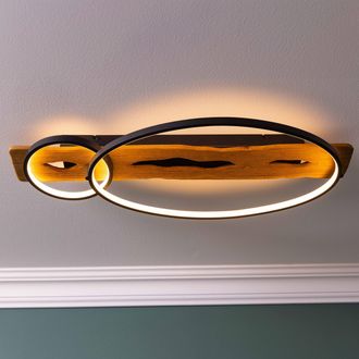 Lightbox moderne LED Deckenlampe im Nature Stil - Deckenleuchte mit 3 Stufen Dimmer & 2 LED-Ringe am Holz Balken - 70 x 30 cm - 3300 lm, 3000 K - aus Kiefernho