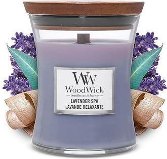 Woodwick mittelgroße Duftkerze im Sanduhrglas mit knisterndem Docht | Lavender Spa | Brenndauer bis zu 60 Stunden