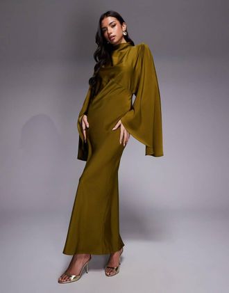 Asos Robe longue satin&eacute;e &agrave; col chemin&eacute;e et manches oversize - Vert fonc&eacute;