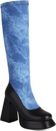 Generic Bottes montantes en denim patchwork pour femme - Talon bloc - Bout carré - À enfiler - Avec fermeture éclair latérale, bleu, 39.5 EU