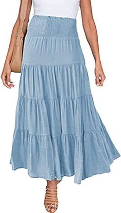 ORANDESIGNE Jupe Longue Femme Ete Taille Elastique Maxi Jupe Fluide Boho Rétro Mode Élégant Couleur Unie Jupe Plissee Trapeze B Bleu Clair XS