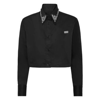 Philipp Plein Femme, Blouses et Chemises, Noir, Taille: 38 FR Cropped Shirt LS Gothic