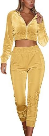 Minetom Femmes Velours Ensemble Surv&ecirc;tement Manche Longue Veste Blouson Sweat-Shirt &agrave; Capuche Jogging Pantalon Sports Suits 2pcs Beige FR 36