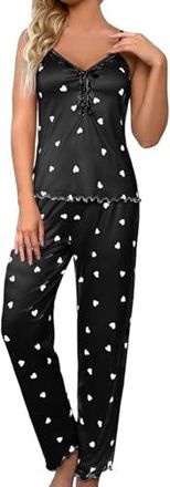Generic Pyjama d&eacute;t&eacute; 2 pi&egrave;ces avec bordure en dentelle et col en V pour femme, Noir, L