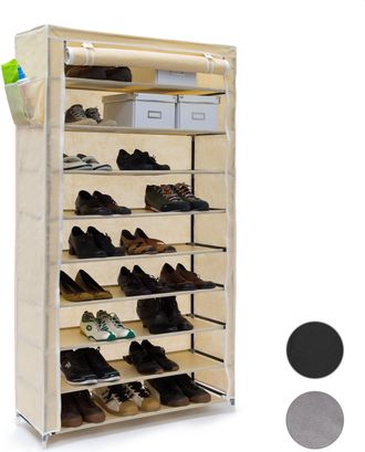 Relaxdays 1 x Schuhschrank Valentin, hohes Schuhregal mit Stoffbezug, 9 Ablagen, Stoffschrank, HBT 161 x 88 x 30 cm, beige