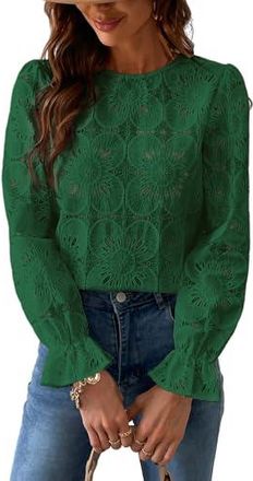 Cupshe Chemisier pour femme avec découpes florales, col rond, manches longues, poignets élastiques, chemise élégante, vert menthe, XS