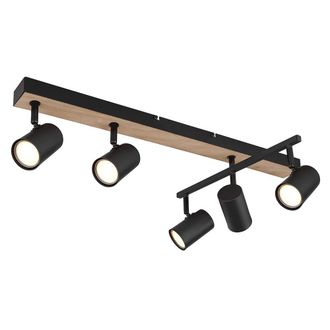 Globo Lighting Deckenstrahler schwarz Spot Deckenleuchte Spotleiste 5 flammig, Metall MDF Holzoptik skandinavisch, 5x GU10 Fassungen, LxBxH 70x35x18cm