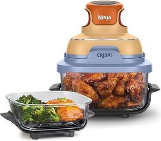 Ninja CRISPi Tragbare Hei&szlig;luftfritteuse, 3,8 l & 1,4 l, 4-in-1: Hei&szlig;luftfrittieren, Braten, Aufknuspern, kompaktes Design, 2 abnehmbare Glasbeh&auml;lter & Decke