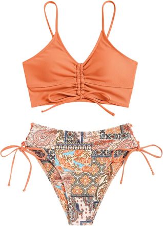 Zaful Damen-Bikini-Set mit V-Ausschnitt, ger&uuml;schte Schn&uuml;rung vorne, hohe Taille, Blumendruck, gerippt, 2-teiliger Badeanzug, Orange/Abendrot im Zickzackmust
