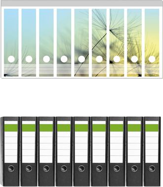 Wallario 9 Stück breite Ordner inkl. Klebeetiketten mit Motiv Samen der Pusteblume in Nahaufnahme vor blauem Himmel - Set mit Rückenschildern/Ordnerrücken Stic