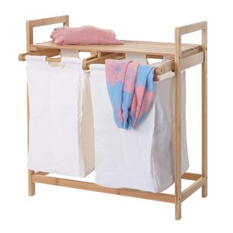 Mendler W&auml;schesammler HWC-B83, Laundry W&auml;schesortierer W&auml;schekorb W&auml;schebeh&auml;lter, Bambus 2 F&auml;cher 74x64x33cm 70l - wei&szlig;