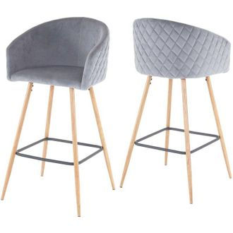 Hhg jamais utilisé] 2x tabouret de bar 201, chaise bar/comptoir, avec dossier, tissu, velours, gris