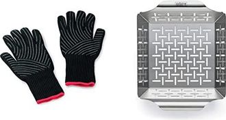 Weber 6670 Premium Handschuhe, Gr&ouml;&szlig;e L/XL, Grillhandschuhe, bis 260&deg;C & 6481 Deluxe Gem&uuml;sekorb 19x24 cm, Grillkorb, f&uuml;r Fisch, Fleisch und Gem&uuml;se, aus Edels