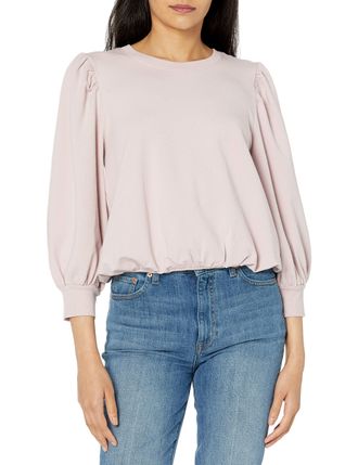 The Drop Damen Sweatshirt Leona, kurze Puff&auml;rmel, Rundhalsausschnitt, French Terry, Rosa, XXS