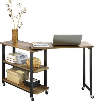 SoBuy FWT83-PF L-f&ouml;rmiger Beistelltisch mit 2 Ablagen Sofatisch mit Rollen Couchtisch Eckschreibtisch Computertisch Arbeitstisch Industrie-Design BHT ca.: 1
